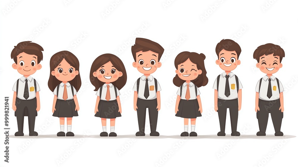 Cartoon boy and girl schoolchildren in uniforms, smiling with their ...
