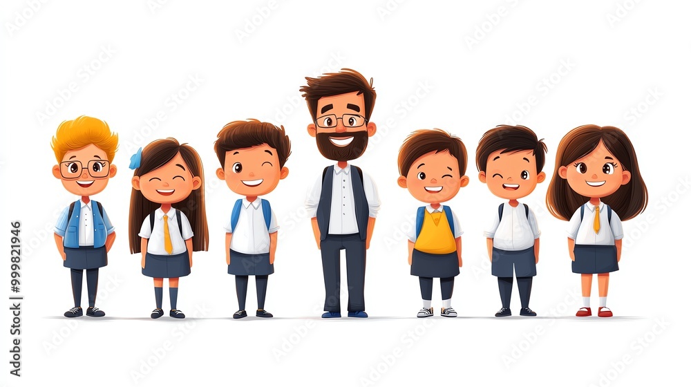 Cartoon of a male and female teacher with smiling boy and girl students ...