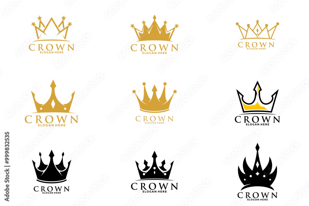 Póster Gold Crown set Logo Design, Collection of crown silhouette ...