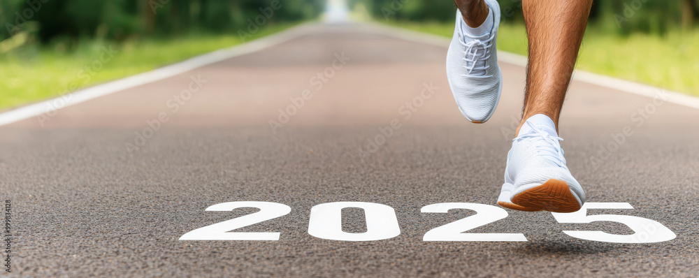 Runner's feet on a road marked 2025, symbolizing fitness and goals ...
