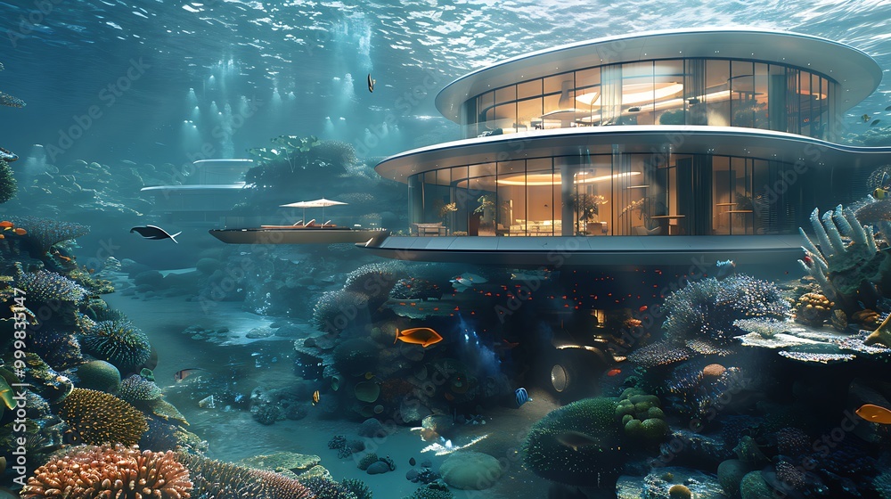 ภาพประกอบสต็อก Underwater hotel construction site, luxury hospitality ...