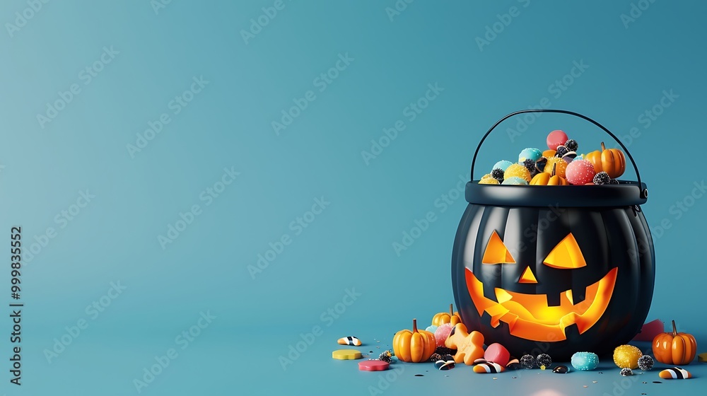 Halloween jack o lantern bucket overflowing with candy side view ...