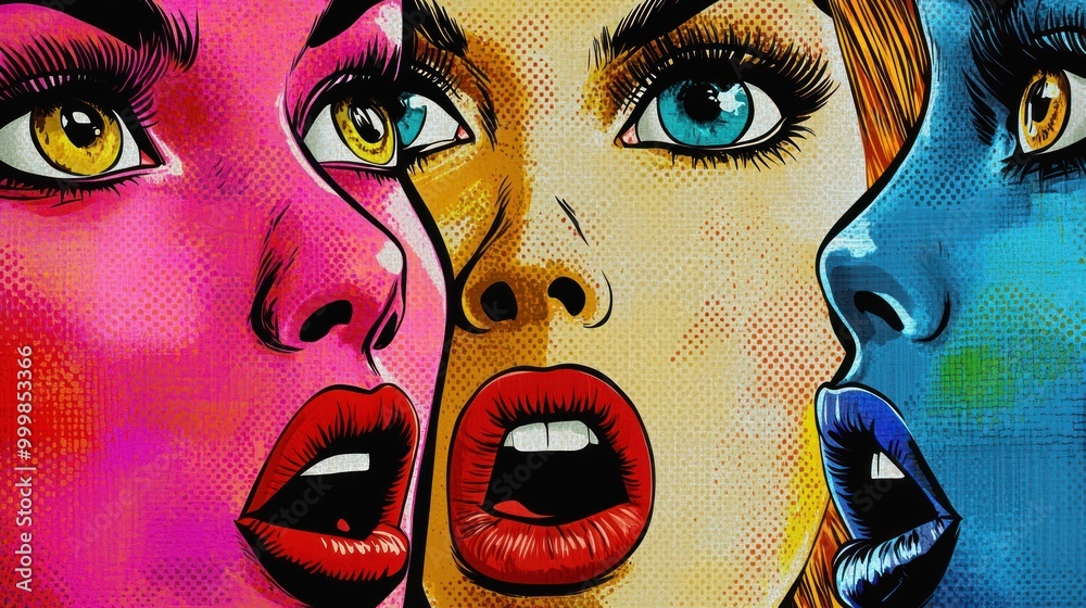 Pop art creation with comic book-style outlines, bright primary colors ...