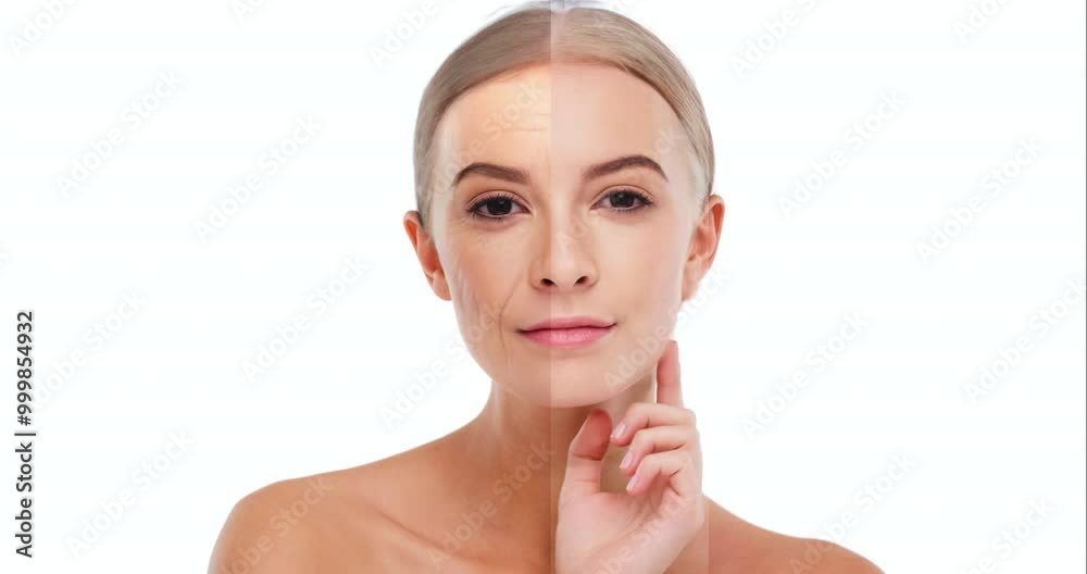 Woman, face and aging versus in studio for before after, treatment ...