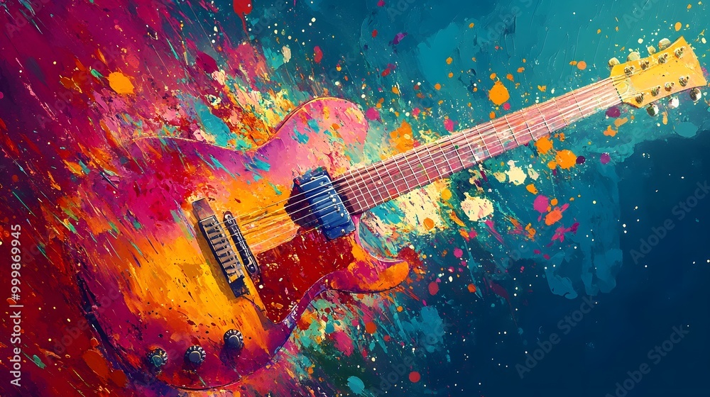A colorful guitar with splatters of paint on it. The splatters of paint ...
