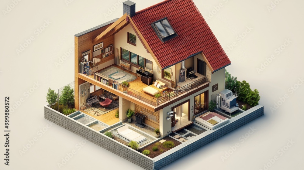 Isometric cutaway illustration of an energy-efficient home featuring ...