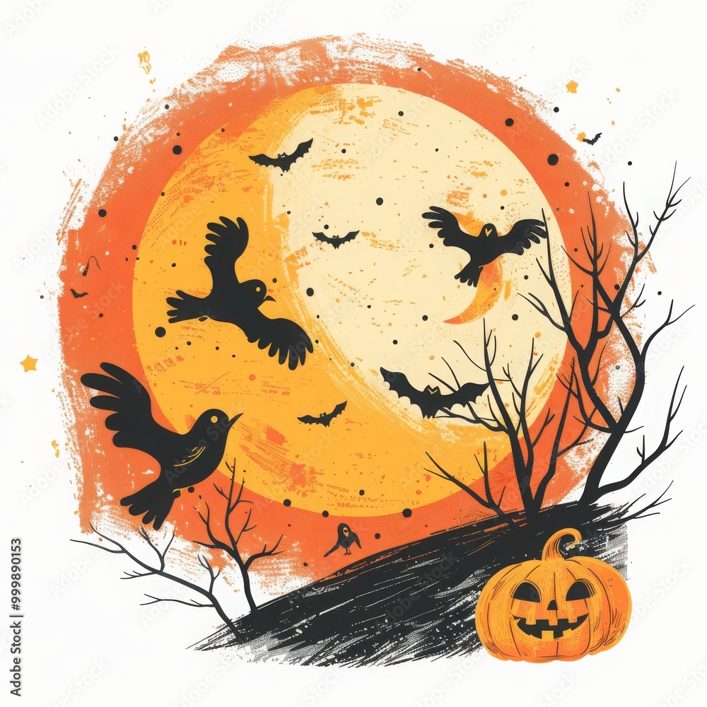 Halloween vector graphic with pumpkins, crows and ghostly figures ...