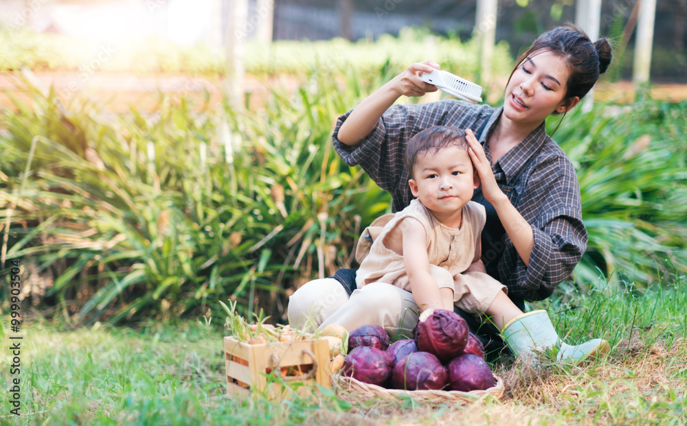 Family mother and child home gardening agriculture growing their own ...