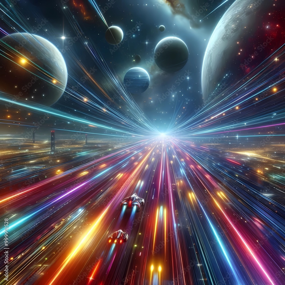 A view of a space highway where beams of light form roads between ...