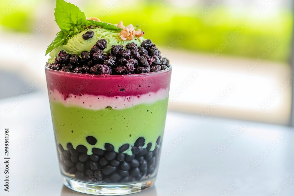 colorful boba tea parfait, featuring layers of matcha ice cream, red ...