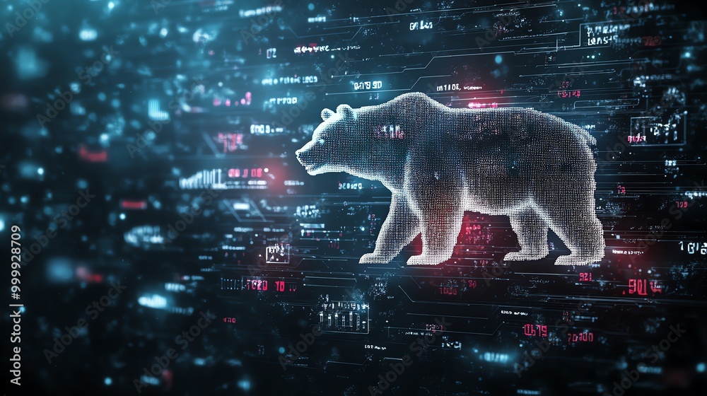 Digital bear hologram in a futuristic environment with glowing data ...
