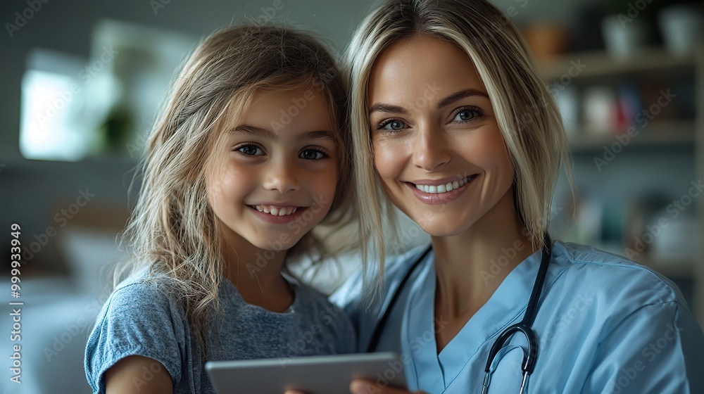 supportive nurse watching cartoon on a tablet with children patient to ...