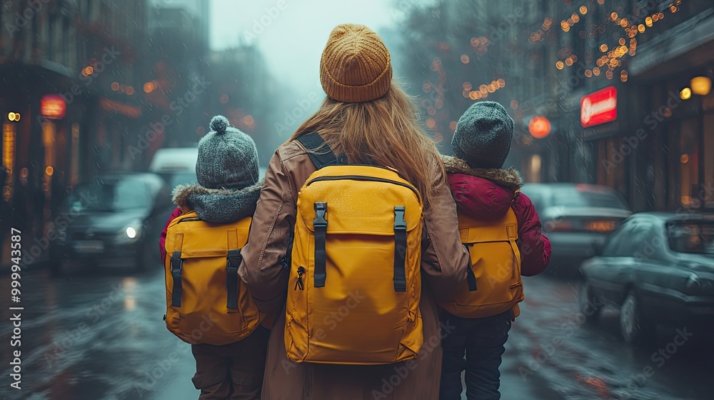 young mother commuter with little kids on the way to school waiting for ...