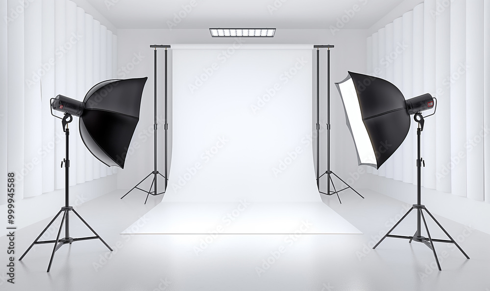 Professional photography studio with lighting equipment and white ...