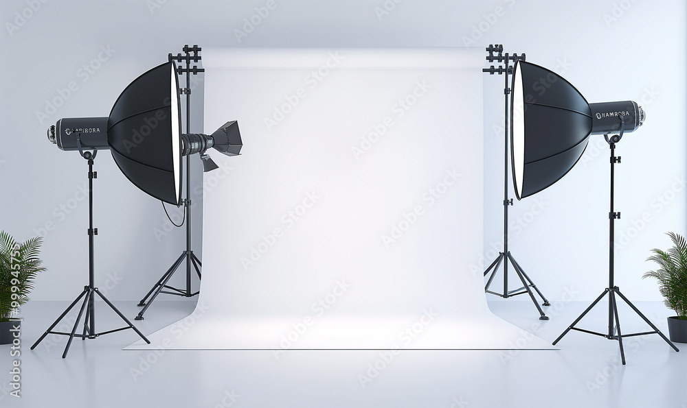 Professional photography studio with lighting equipment and white ...