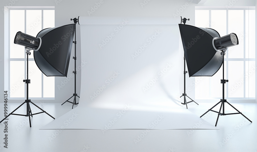 Professional photography studio with lighting equipment and white ...