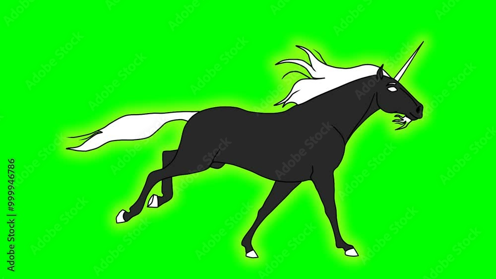 2d animated character of A black horse with white hair, a smart war ...