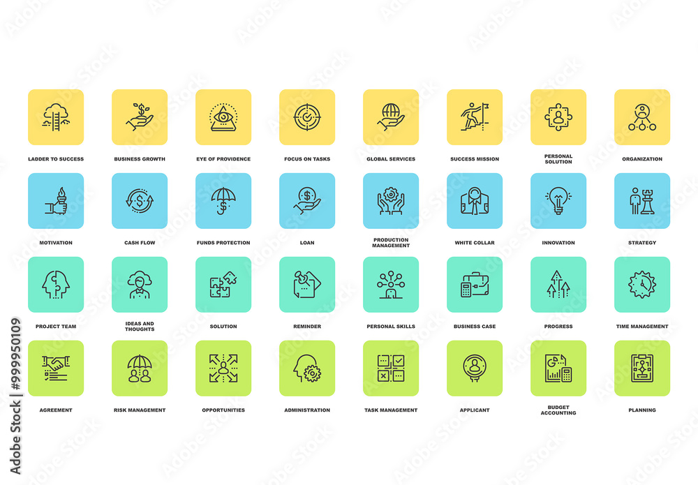 Vector set of business management flat line web icons. Each icon with ... Vector set of business management flat line web icons. Each icon with ...