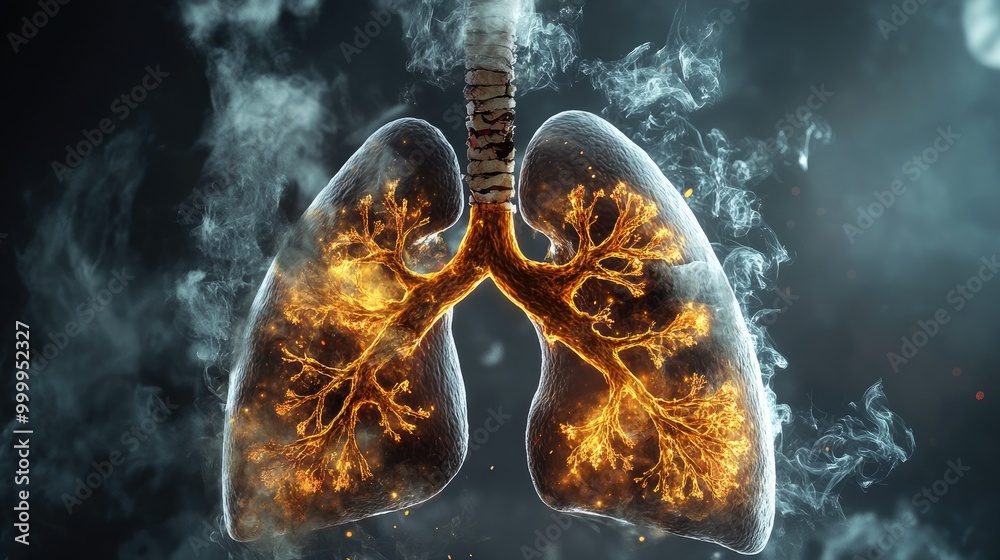 Detailed illustration of lungs affected by smoke, highlighting the ...