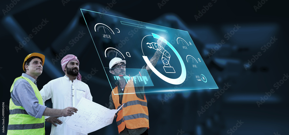 Engineering team monitoring robotic AI arms in manufacturing factory ...