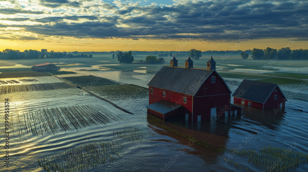 rural farm is inundated by flash flood, with crops submerged in water ...
