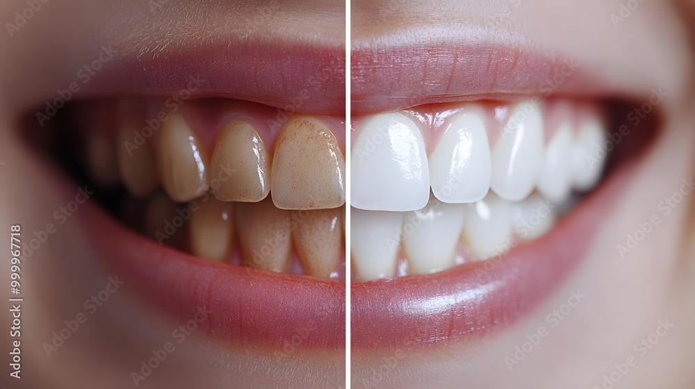 Visual comparison of teeth before and after treatment, showing damaged ...