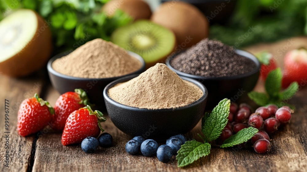 A close-up shot of organic functional powders like maca, reishi, and ashwagandha, displayed with ...