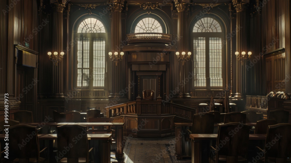 An elegant, old courtroom with wooden furnishings and grand windows ...