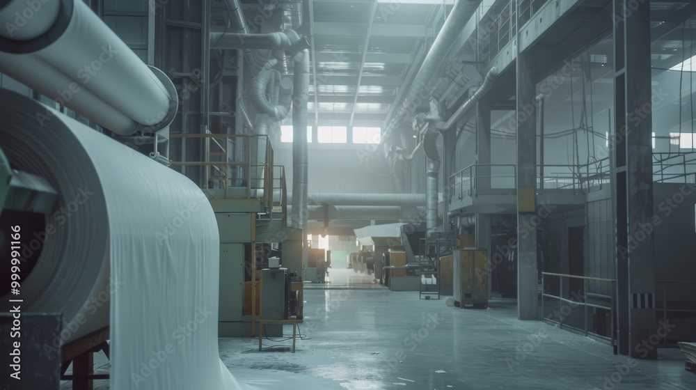 A sprawling factory interior with massive machinery and rolls of paper ...