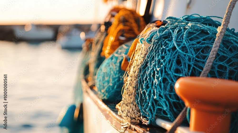 A close-up of a fishing boat with fishing gear and nets on the deck ...