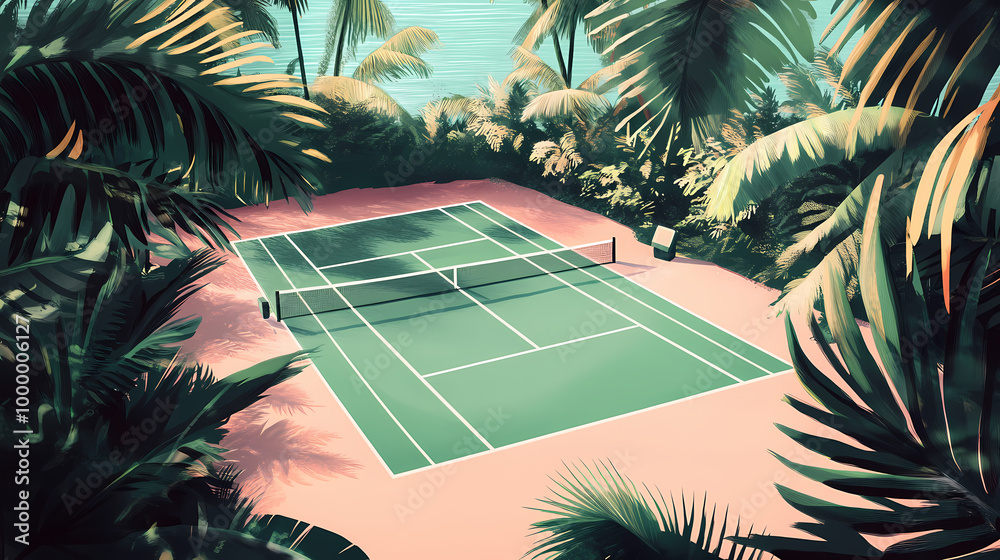 Ai illustration of tennis court surrounded by palms. Tropical Lagoon ...