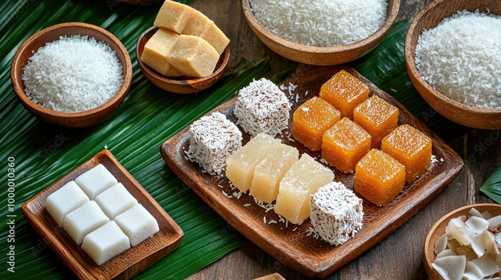 A selection of Thai sweet treats including coconut jelly and sticky ...
