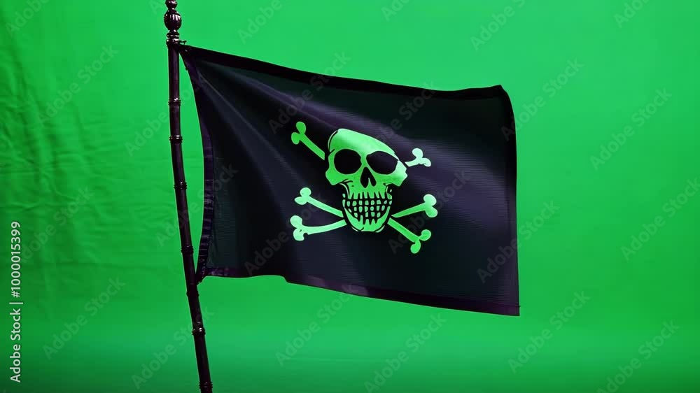 Menacing pirate flag with a green skull and crossbones flutters ...