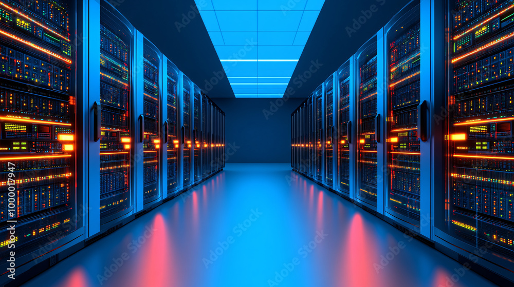 A server room with rows of blinking servers and blue lights. The room ...