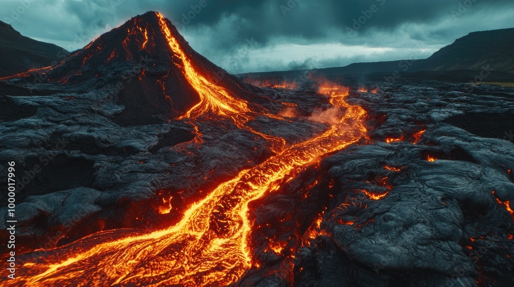 Lava flowing down the side of a volcano during an eruption, with clear ...