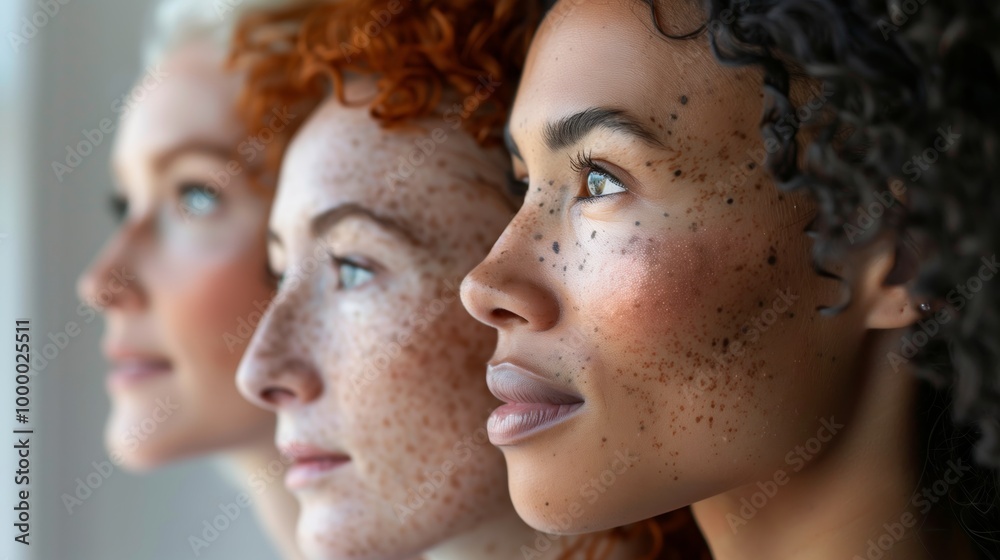 5 women of different ages, each with healthy and radiant skin, standing ...