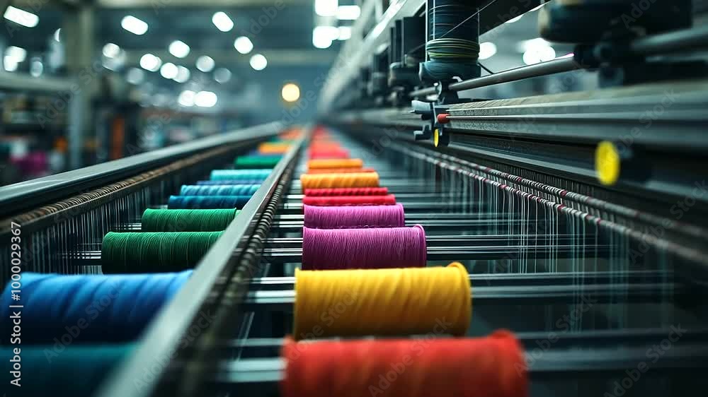 Modern textile mill where fibers are being spun, dyed, and woven into ...