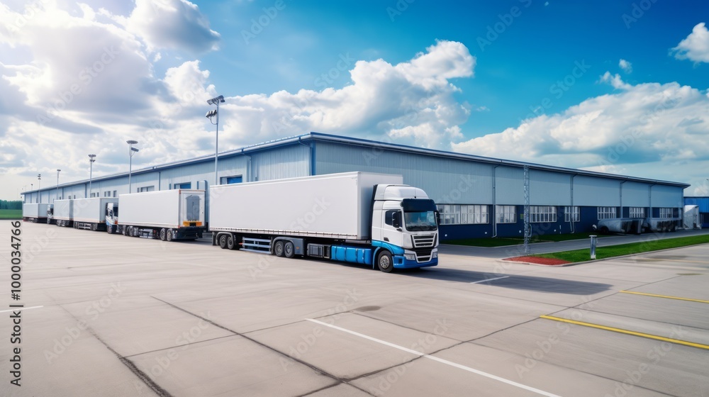 Semi trailer truck standing at warehouse ramps for load or unload goods ...
