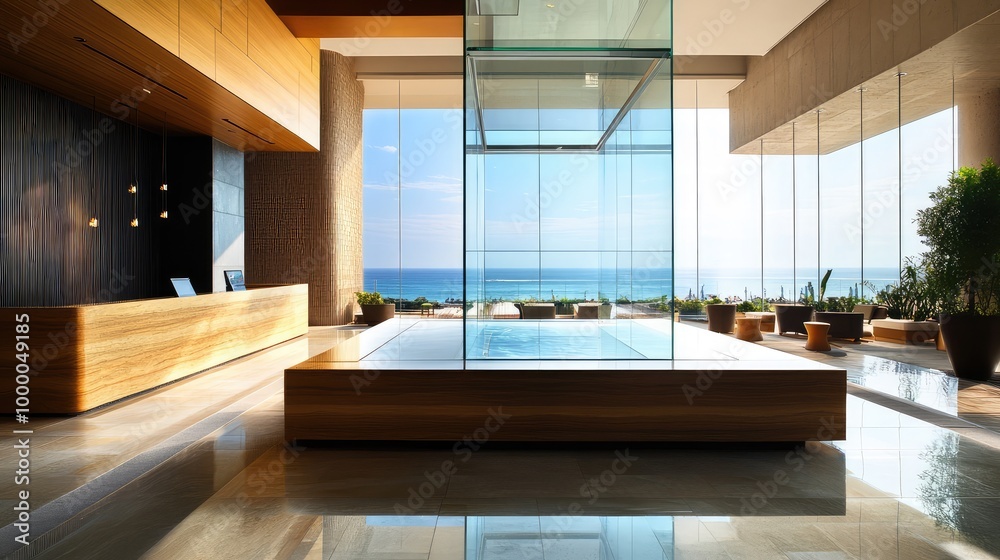 A luxury hotel lobby, where the glass box with an ocean view rests on a ...