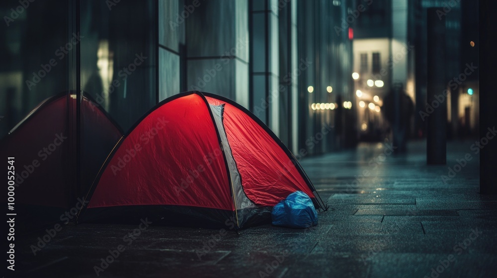 Homeless tent encampment on a city sidewalk, representing the growing ...