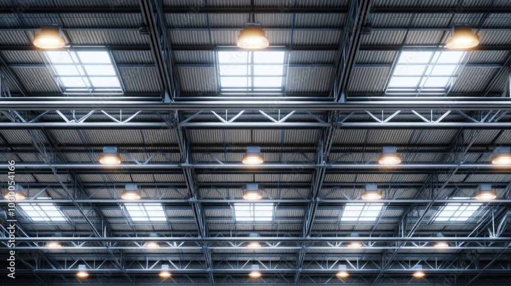 The perspective captures a vast industrial ceiling featuring multiple ...