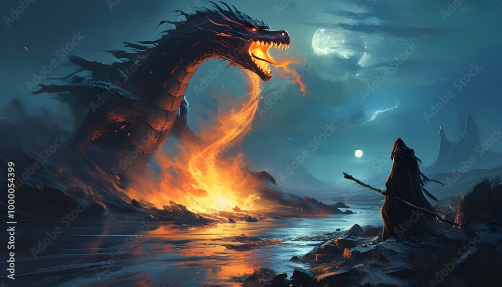 Dark Wizard Summoning Fiery Dragon in Apocalyptic Nightscape ...
