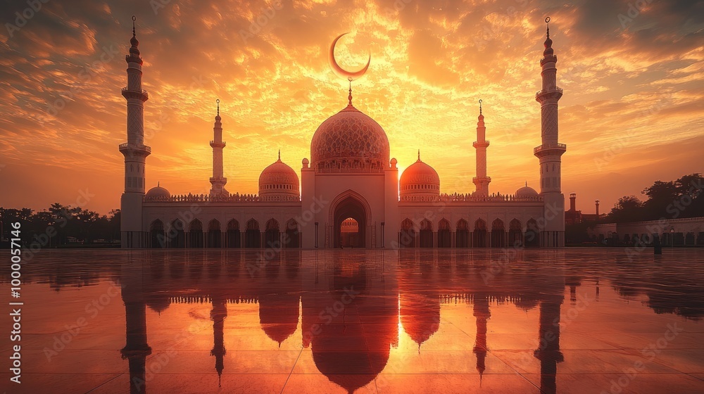 A grand mosque courtyard at sunset, with the minarets silhouetted ...