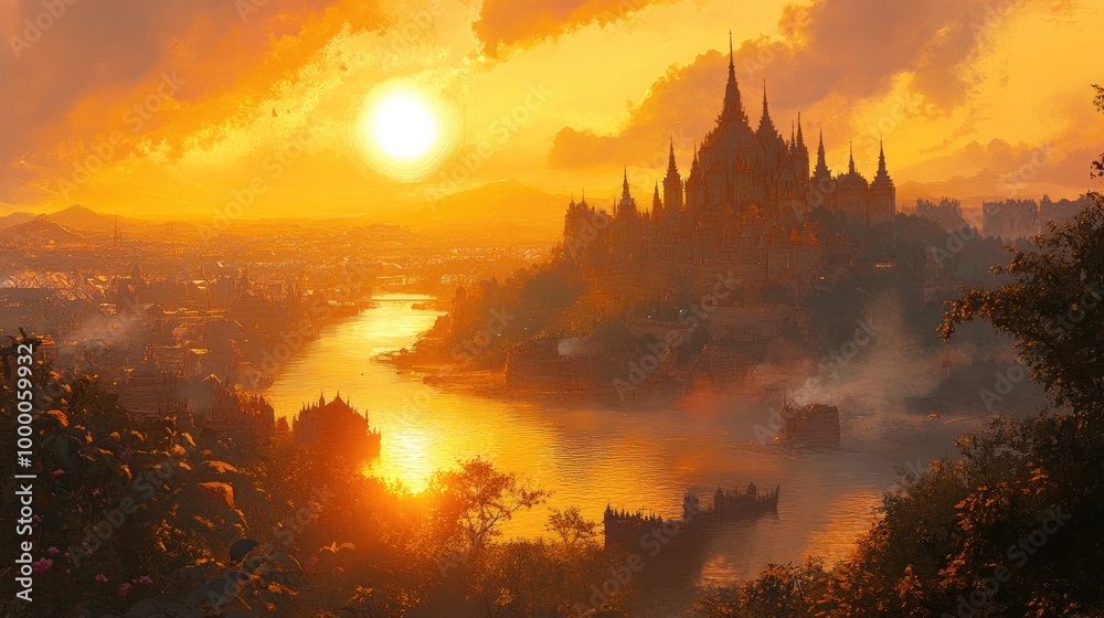 A serene sunset over a remote monastery, with the golden light ...