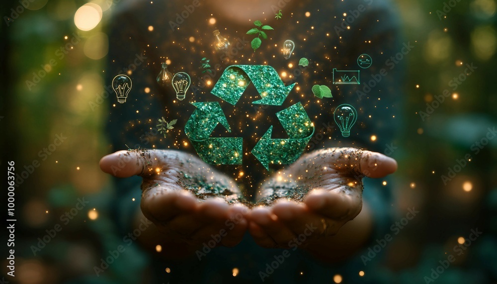 Recycling mark on the palm of a man's hand, A person holding out their ...