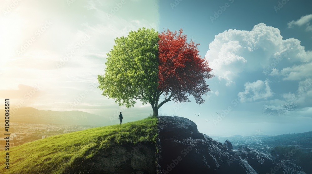 Work-life balance visualized with technology on one side and nature on ...
