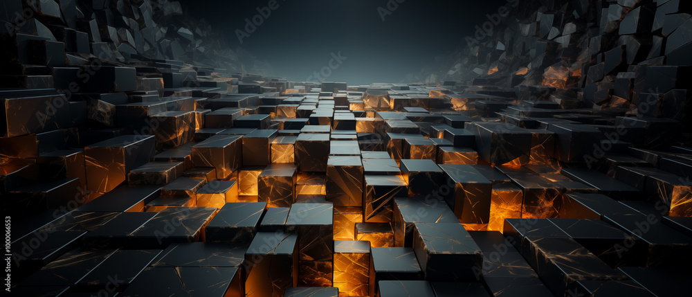 Dark futuristic dungeon corridor with floating stone blocks and fiery ...