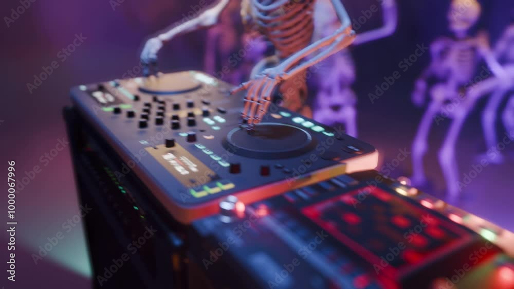 Haunted Halloween party: skeleton DJ at the mixing console surrounded ...