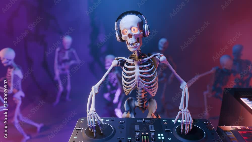 Haunted Halloween party: skeleton DJ at the mixing console surrounded ...