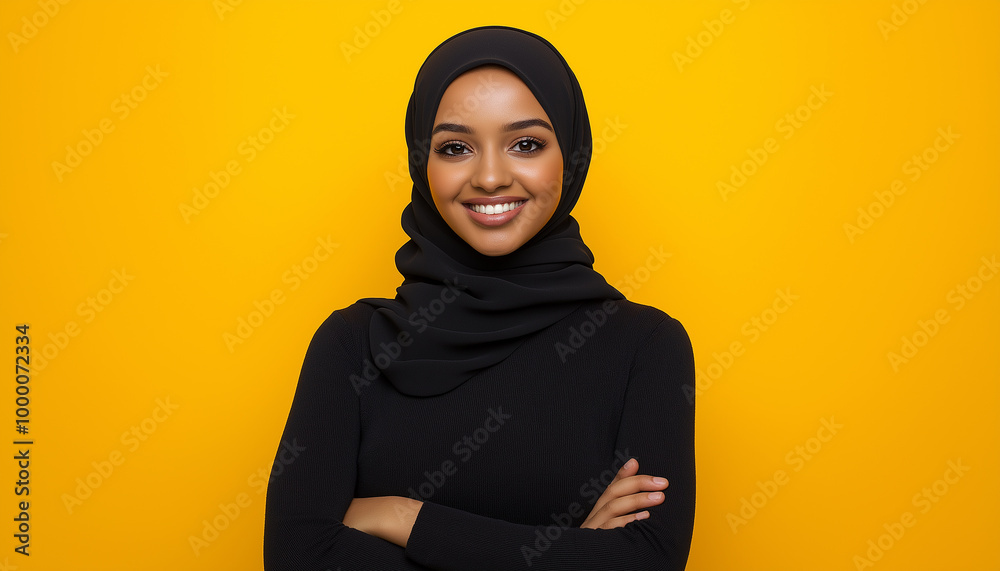 Confident woman wearing a black hijab and smiling, standing against a ...